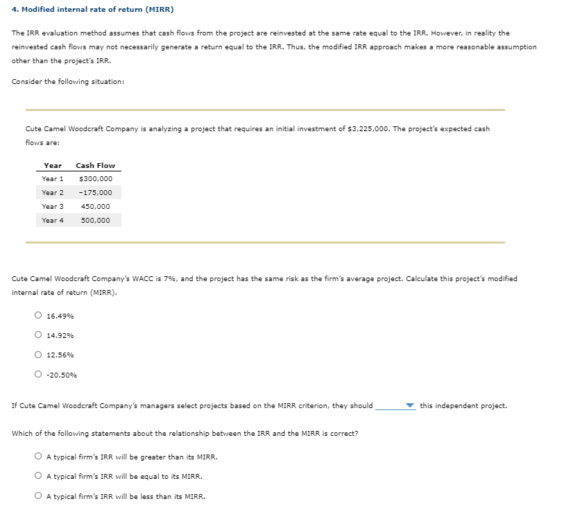 Solved 4. Modified internal rate of return (MIRR) The IRR | Chegg.com
