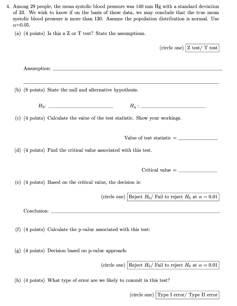 Solved 4. Among 29 people, the mean systolic blood pressure | Chegg.com