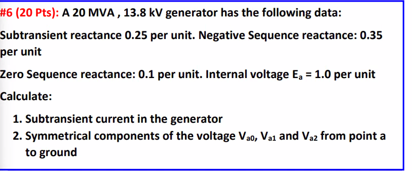 Solved #6 (20 pts): A 20 MVA, 13.8 kV generator has the | Chegg.com