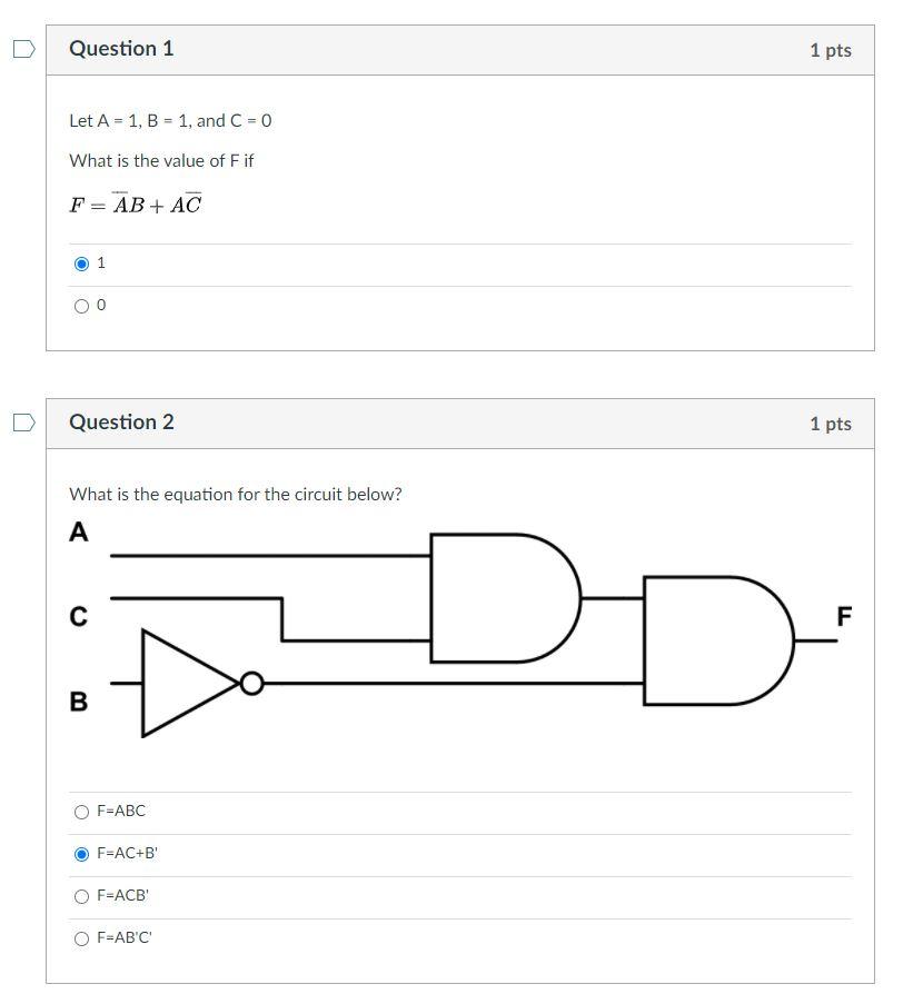 Solved Question 1 1 pts Let A = 1, B = 1, and C = 0 What is | Chegg.com