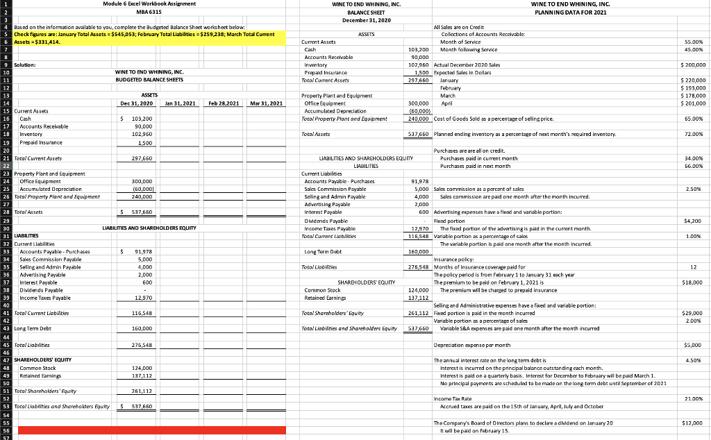 Solved Module 6 Excel Workbook Assignment MBA 6315 WINE TO | Chegg.com