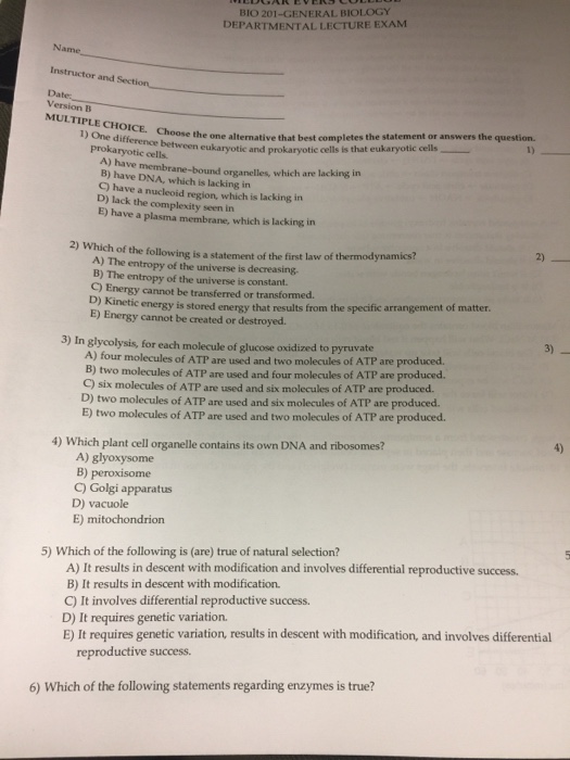 Solved: BIO 201 GENERAL BIOLOGY DEPARTMENTAL LECTURE EXAM ... | Chegg.com