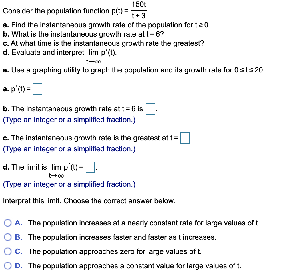 Solved = 150t Consider the population function p(t): t+3 a. | Chegg.com