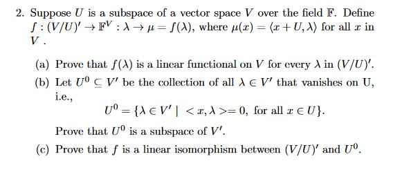 Solved 2. Suppose U is a subspace of a vector space V over | Chegg.com