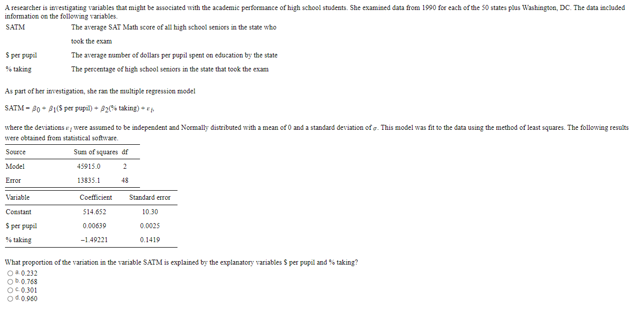 Solved A researcher is investigating variables that might be | Chegg.com