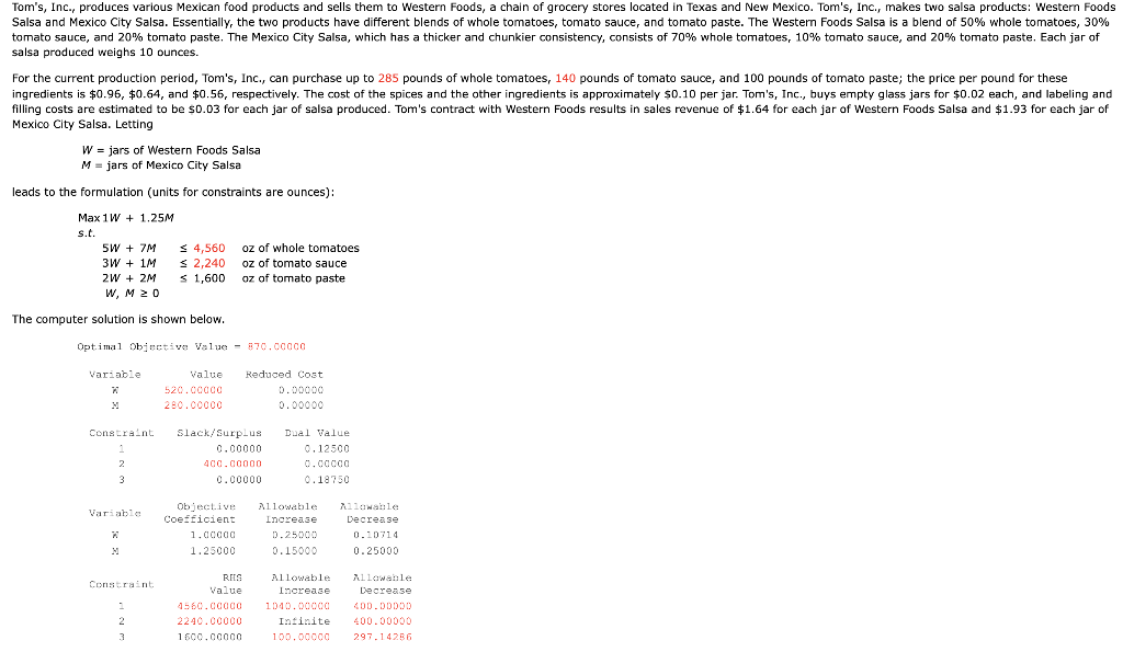 Solved Tom's, Inc., produces various Mexican food products | Chegg.com