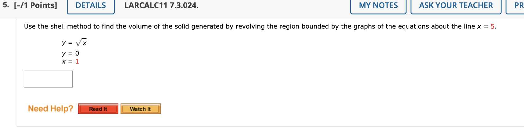 Solved 5. [-/1 Points] DETAILS LARCALC11 7.3.024. MY NOTES | Chegg.com