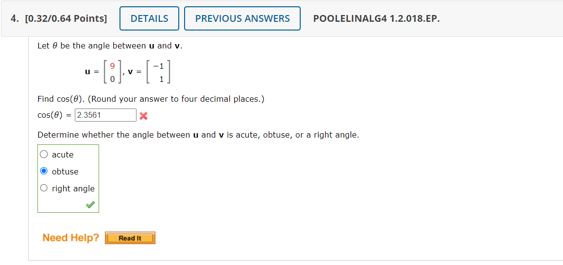 Solved Let θ be the angle between u and v. u=[90],v=[−11] | Chegg.com