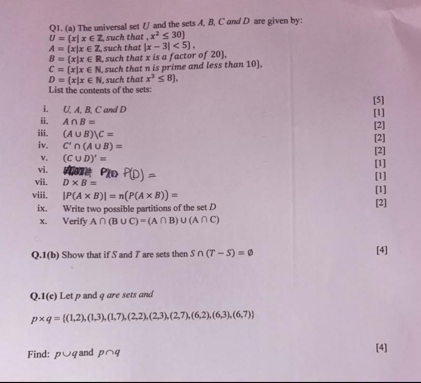 Solved Q1. (a) The universal set U and the sets A, B, C and | Chegg.com