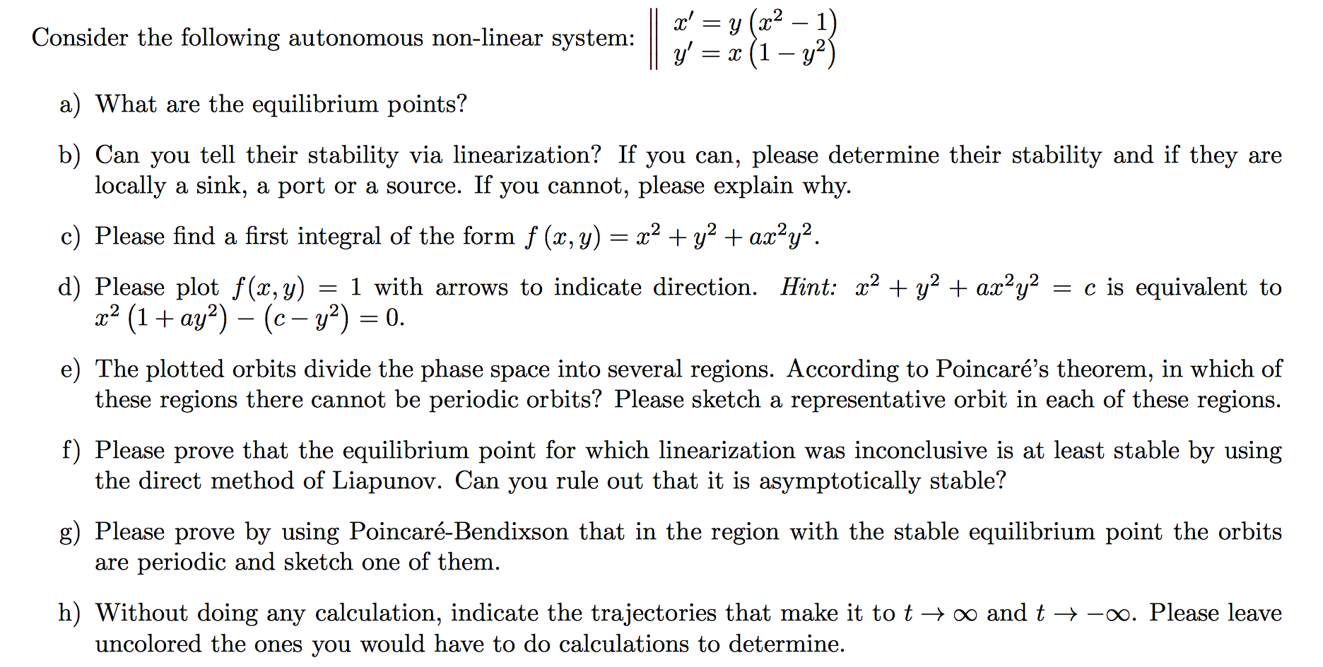 Solved Consider the following autonomous non-linear system: | Chegg.com