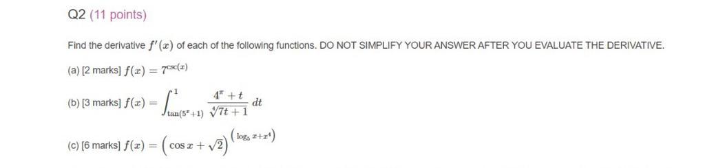 Solved Q2 (11 points) Find the derivative f'(x) of each of | Chegg.com