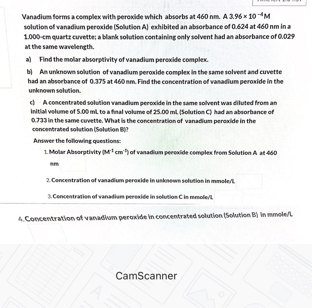 Solved Vanadium forms a complex with peroxide which absorbs | Chegg.com