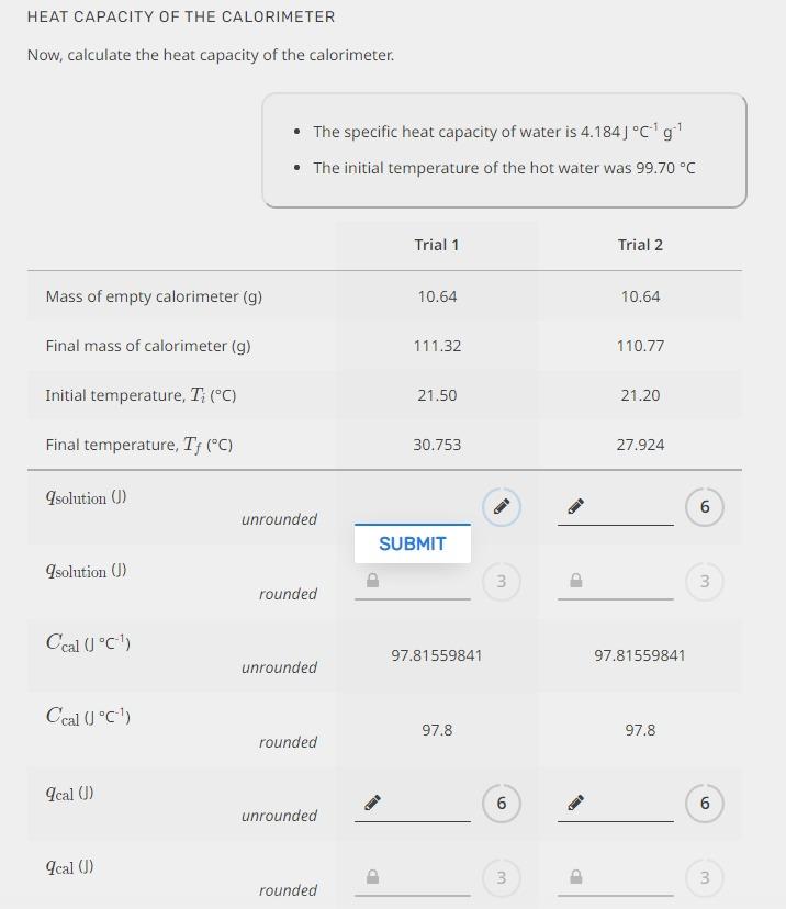 HEAT CAPACITY OF THE CALORIMETER Now, calculate the | Chegg.com
