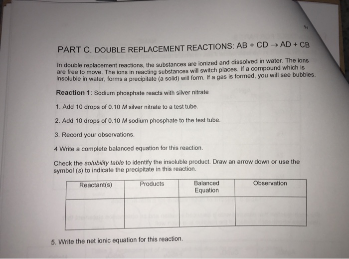 Solved PART C. DOUBLE REPLACEMENT REACTIONS: AB+ CD ->AD+ CB | Chegg.com
