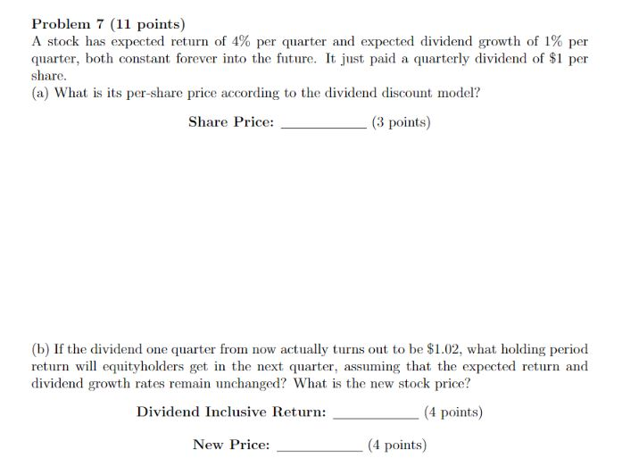 Solved Problem 7 (11 points) A stock has expected return of | Chegg.com