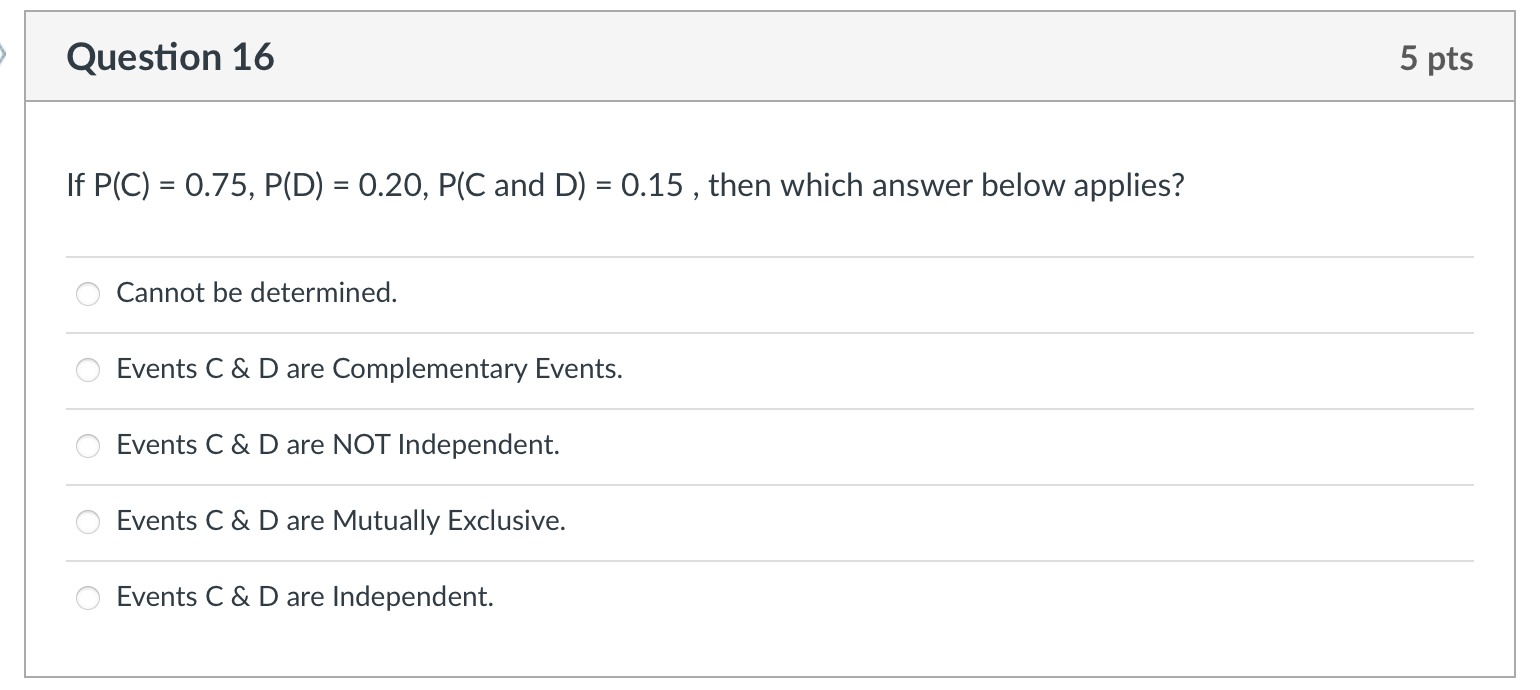 Solved If P(C)=0.75,P(D)=0.20,P(C and D)=0.15, then which | Chegg.com