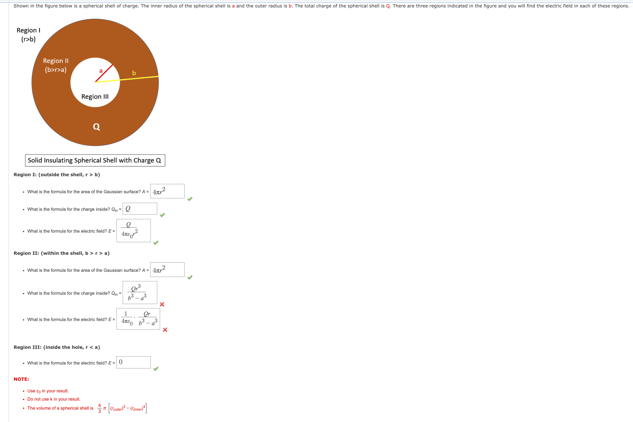 Solved Solid Insulating Spherical Shell with Charge Q Region | Chegg.com