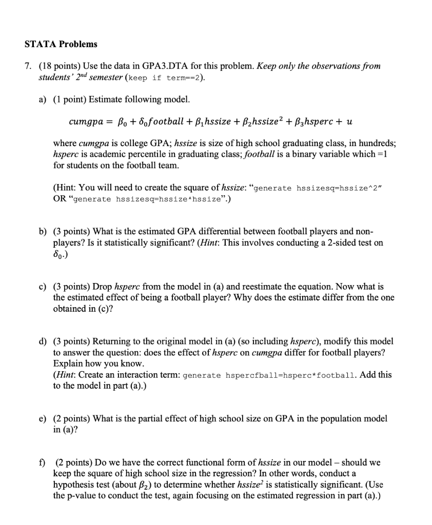 STATA Problems 7. (18 points) Use the data in | Chegg.com