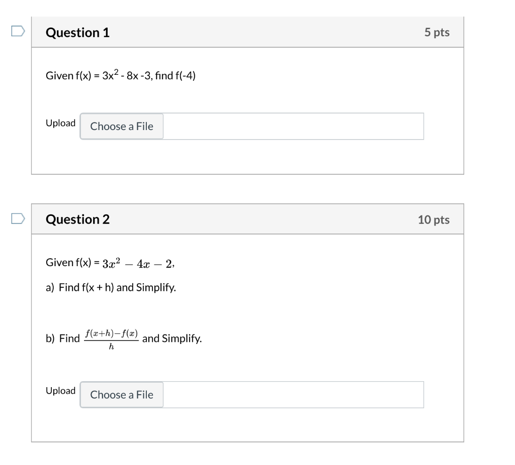 Solved Question 1 5 pts Given f(x) = 3x2 - 8x-3, find f(-4) | Chegg.com