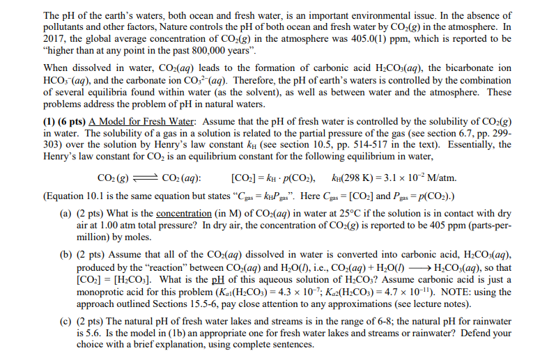 Solved The pH of the earth's waters, both ocean and fresh | Chegg.com