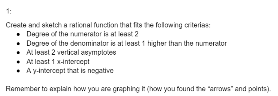 Solved Create and sketch a rational function that fits the | Chegg.com