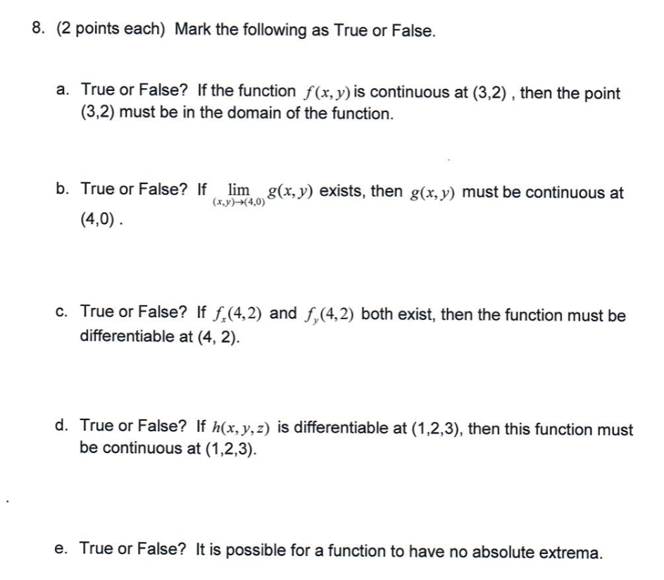Solved 8. (2 points each) Mark the following as True or | Chegg.com