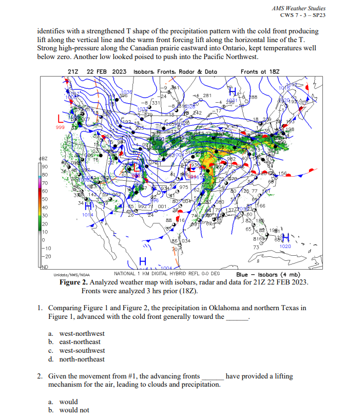 Solved AMS Weather Studies CWS 7 - 2 - SP23 Fronts were | Chegg.com