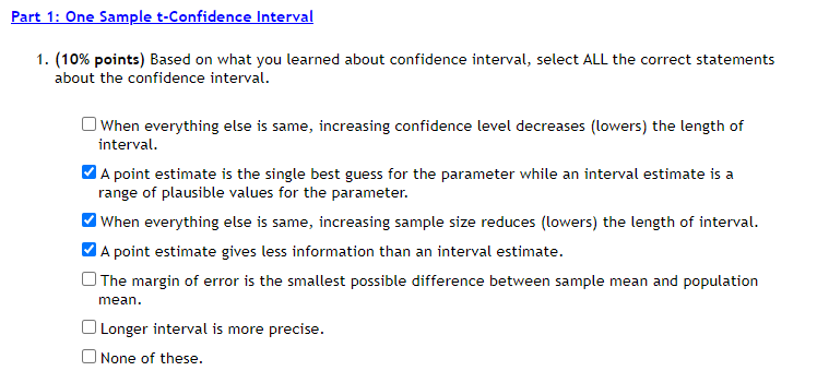 Solved Part 1: One Sample t-Confidence Interval 1. (10% | Chegg.com