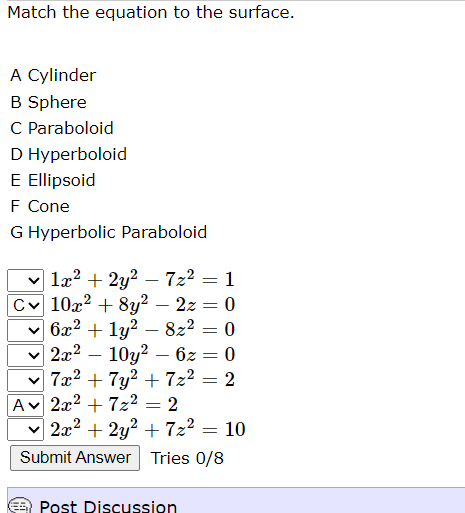 Solved Match the equation to the surface. A Cylinder B | Chegg.com