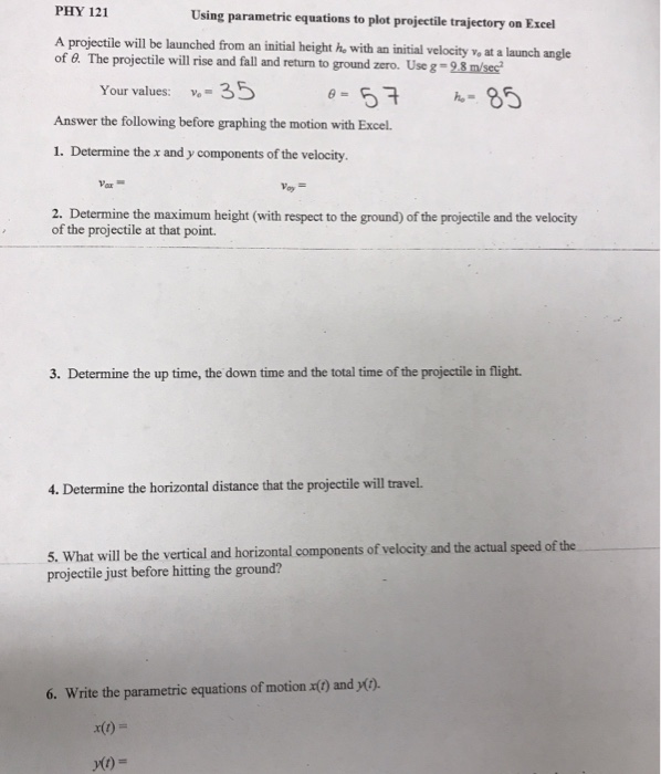 Solved PHY 121 Using parametric equations to plot projectile | Chegg.com