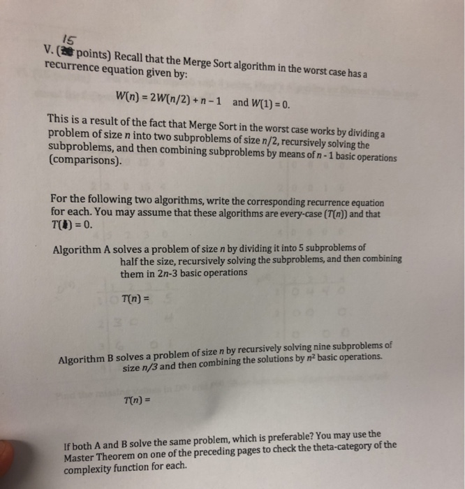 Solved I5 V. ( points) Recall that the Merge Sort algorithm | Chegg.com