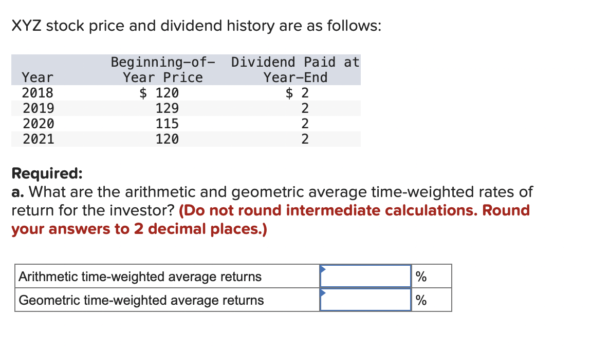 Solved XYZ stock price and dividend history are as follows: | Chegg.com