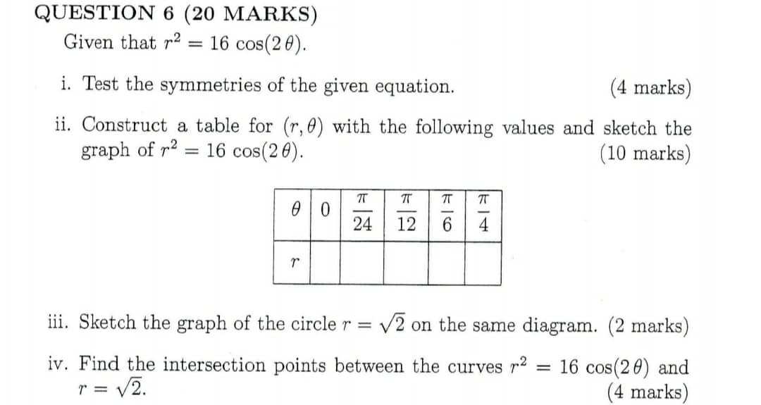 Solved QUESTION 6 (20 MARKS) Given that p2 = 16 cos(20). i. | Chegg.com