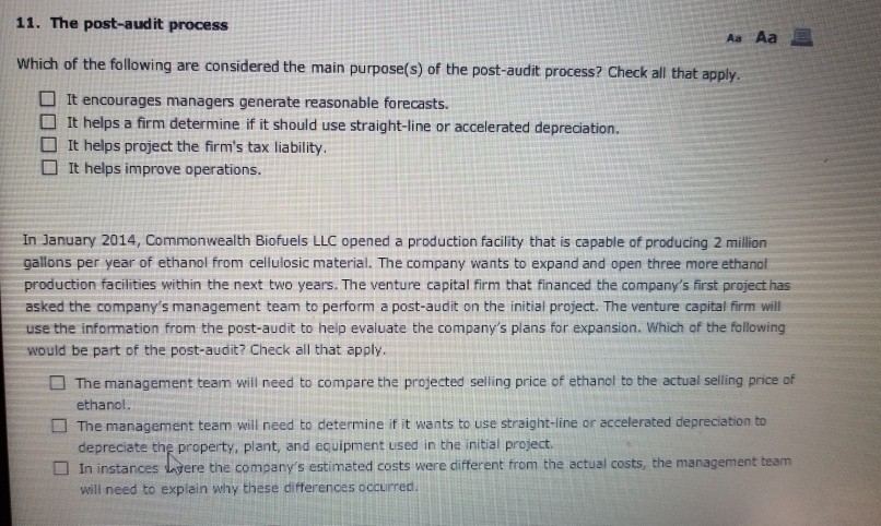 Solved 11. The post-audit process Aa Aa Which of the | Chegg.com
