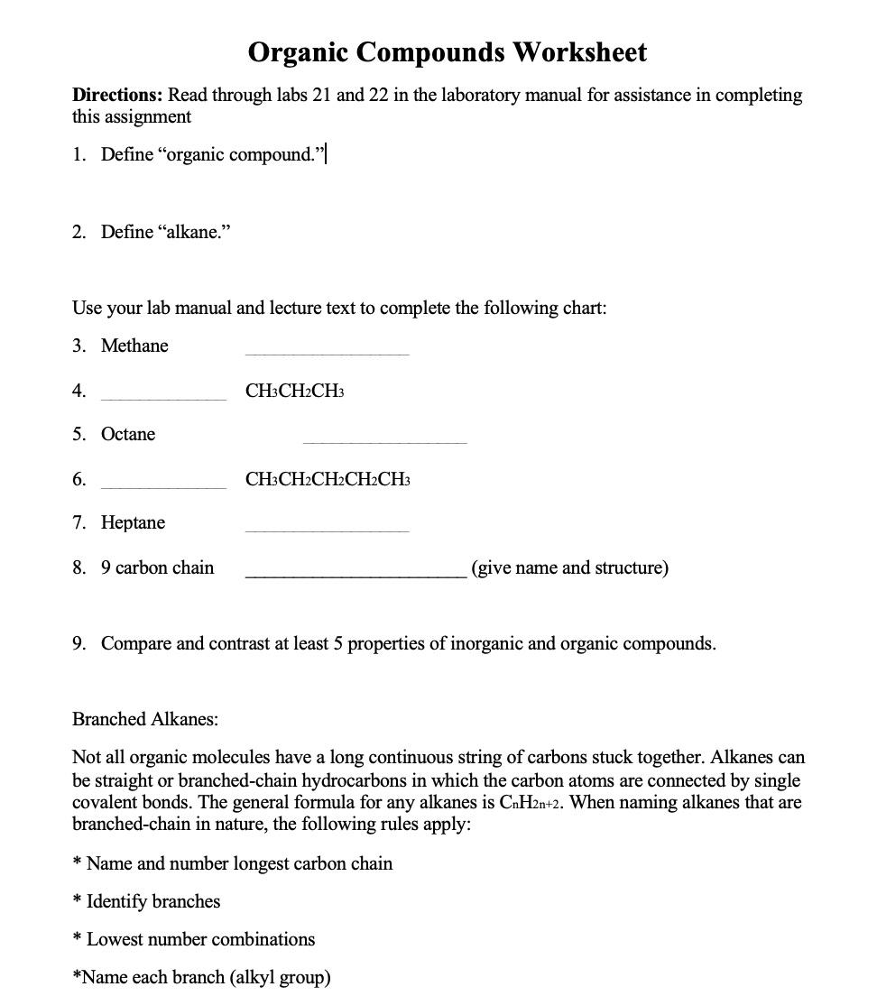 Solved Organic Compounds Worksheet Directions: Read through | Chegg.com