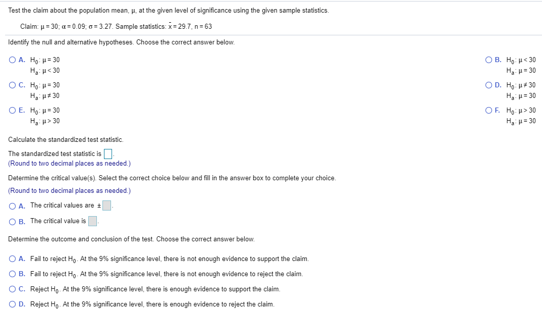 Solved Test the claim about the population mean, p, at the | Chegg.com