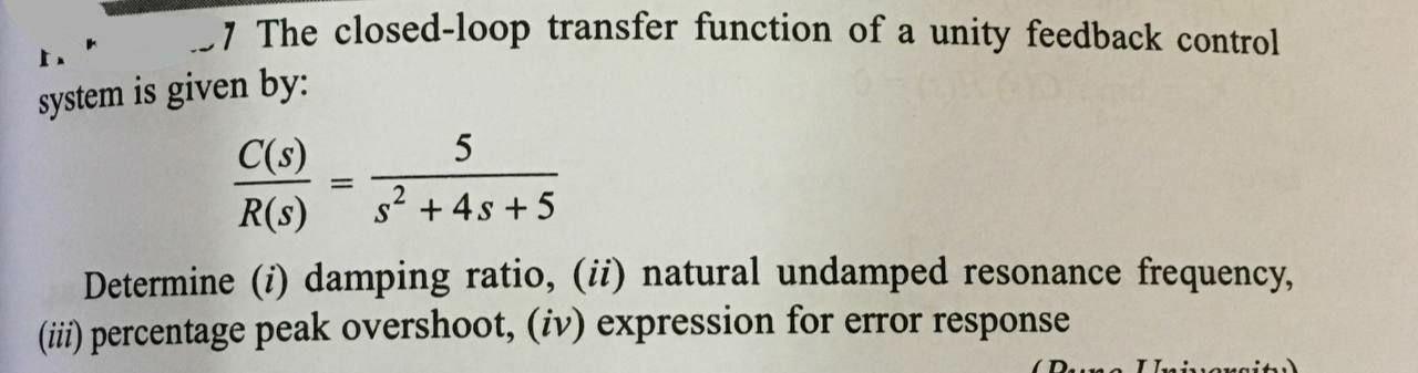 Solved 1 The closed-loop transfer function of a unity | Chegg.com