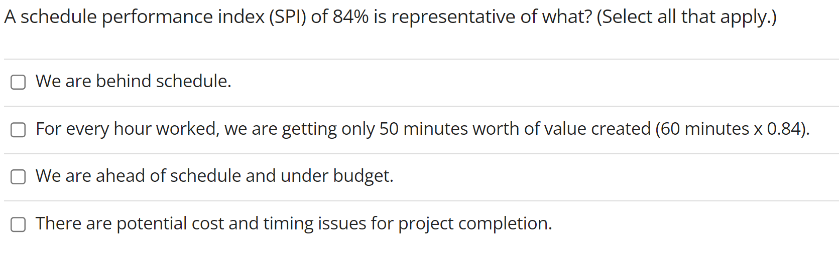 Solved A schedule performance index (SPI) of 84% is | Chegg.com