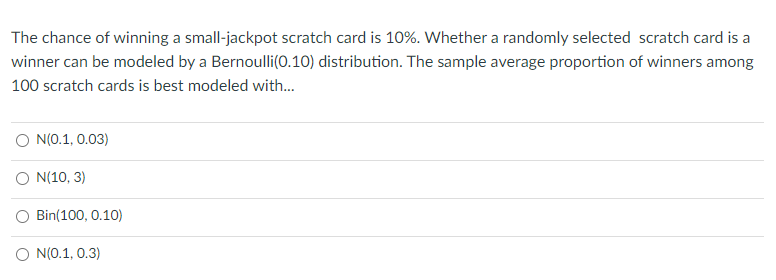 Solved The chance of winning a small-jackpot scratch card is | Chegg.com