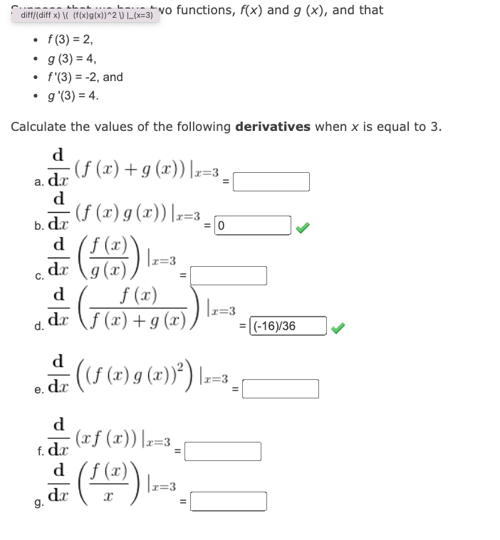 Solved diff/(diff x)\(f(x)g(x))∧2∪(x=1) No functions, f(x) | Chegg.com