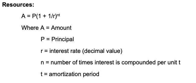 Solved Resources: A = P(1 + 1/r)nt Where A = Amount P = | Chegg.com