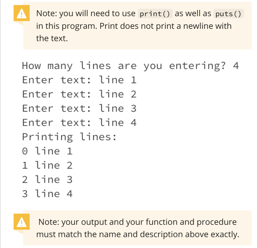 Solved Note: you will need to use print() as well as puts() | Chegg.com