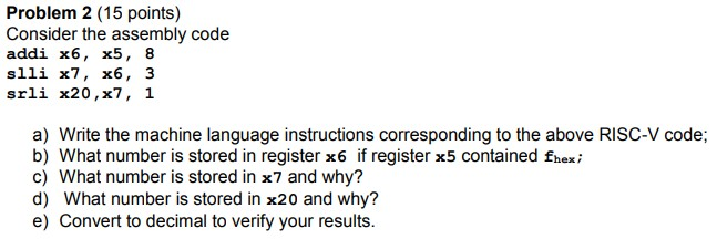 Solved Problem 2 (15 points) Consider the assembly code addi | Chegg.com