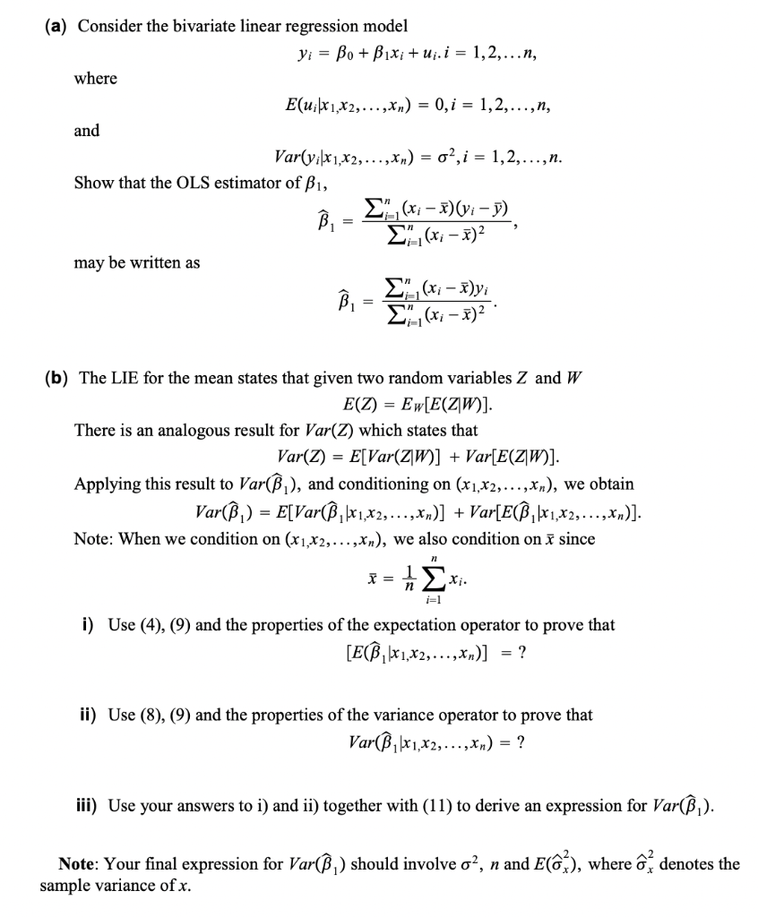 Solved (a) Consider the bivariate linear regression model Yi | Chegg.com