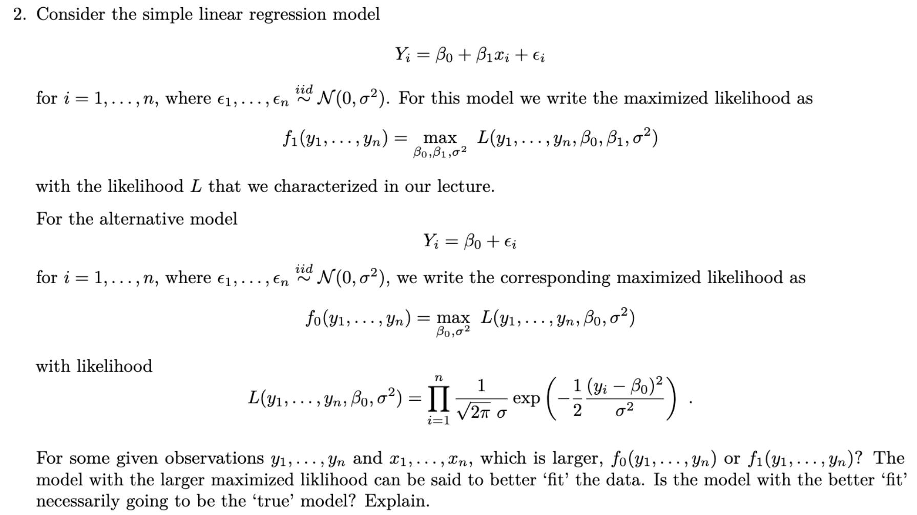 Solved 2. Consider the simple linear regression model Yį = | Chegg.com