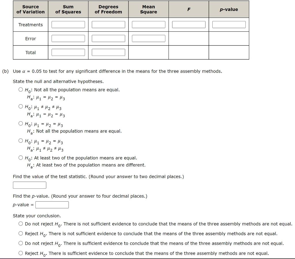 Solved Three different methods for assembling a product were | Chegg.com