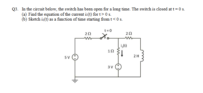 Solved Q3. In ﻿the circuit below, the switch has been open | Chegg.com