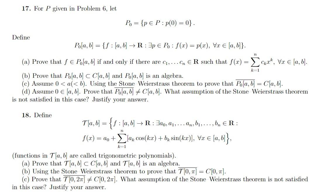 17. For P given in Problem 6, let Po = {p € P: p(0) = | Chegg.com