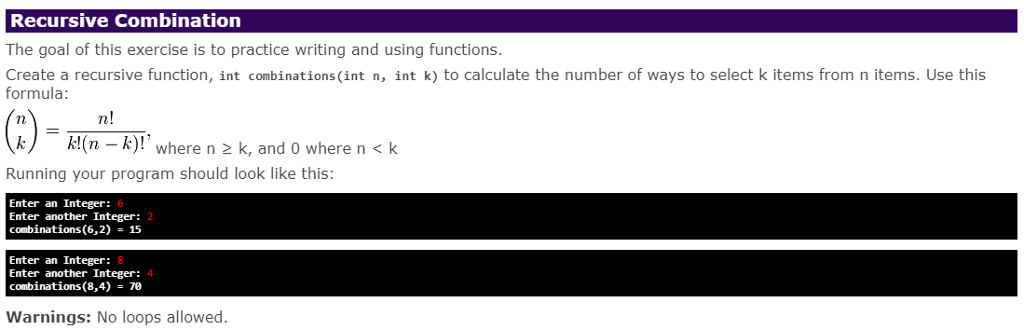 Solved Recursive Combination The goal of this exercise is to | Chegg.com