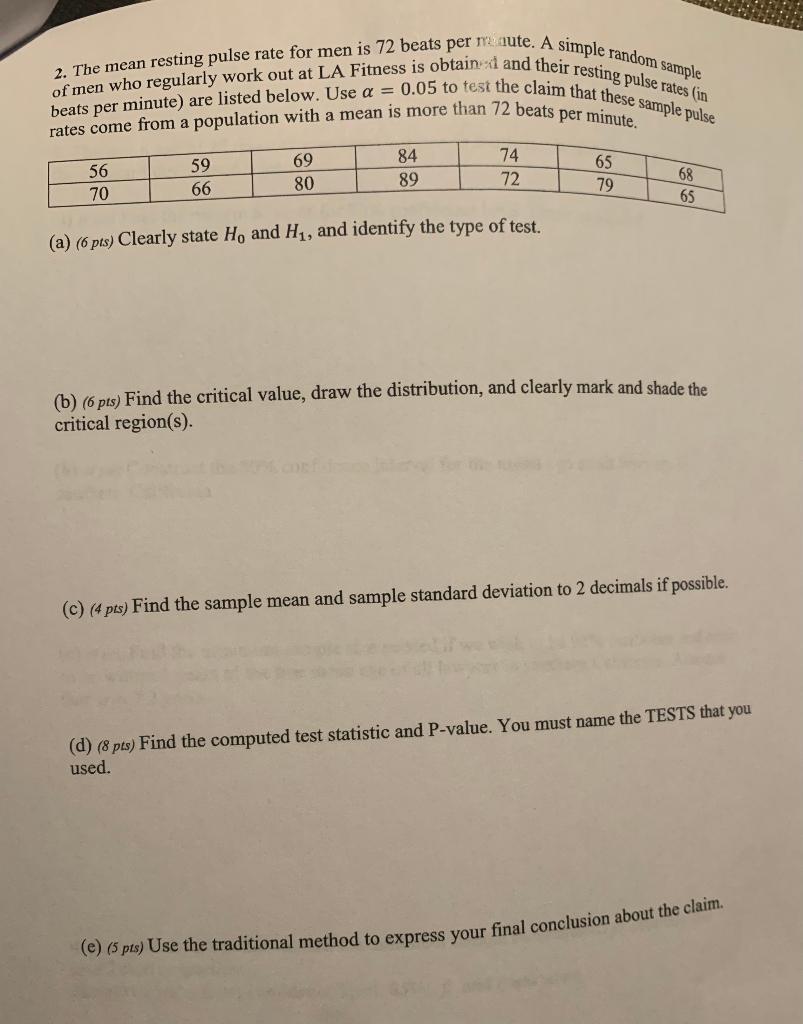 Solved 2. The mean resting pulse rate for men is 72 beats | Chegg.com